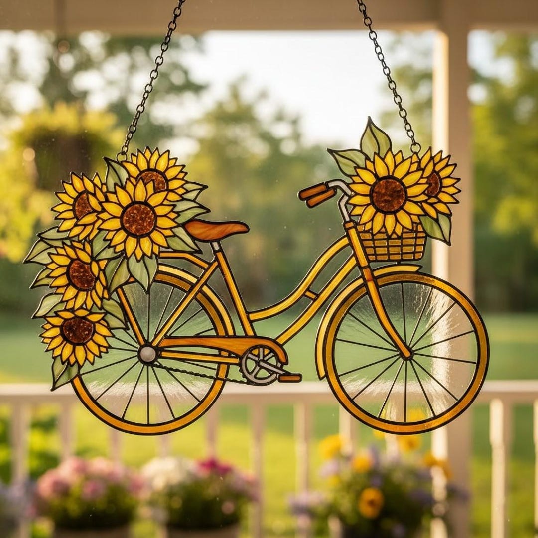 Sunflower Bicycle Suncatcher, Vintage Bike With Floral Basket Window ...