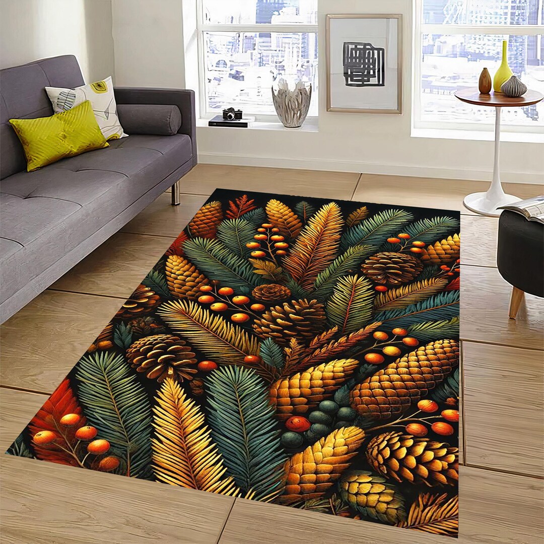 Pine Cone and Leaf Rug: Autumn Forest Design, Washable Rug, Floor Mat ...