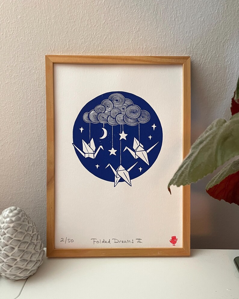 Linocut Print - Dreamy Night Sky With Origami Cranes - Blue Linocut ...