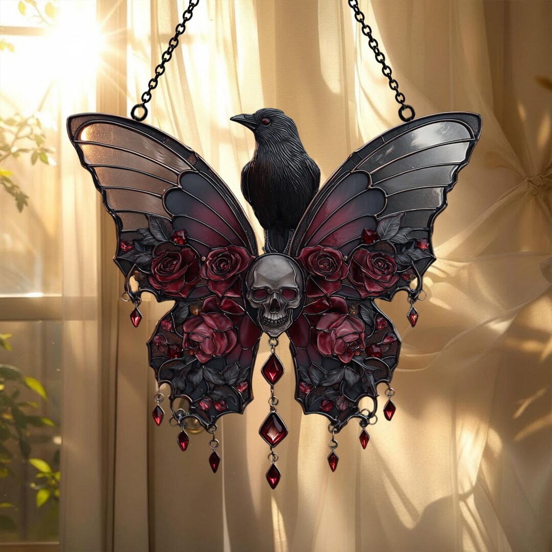 Gothic Raven Butterfly Stained Glass Suncatcher, Dark Skull Rose Window ...