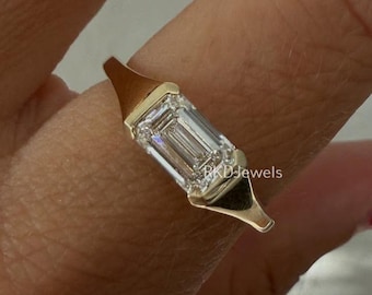2.00 Ct East West Emerald Cut Moissanite Ring Half Bezel Moissanite ...