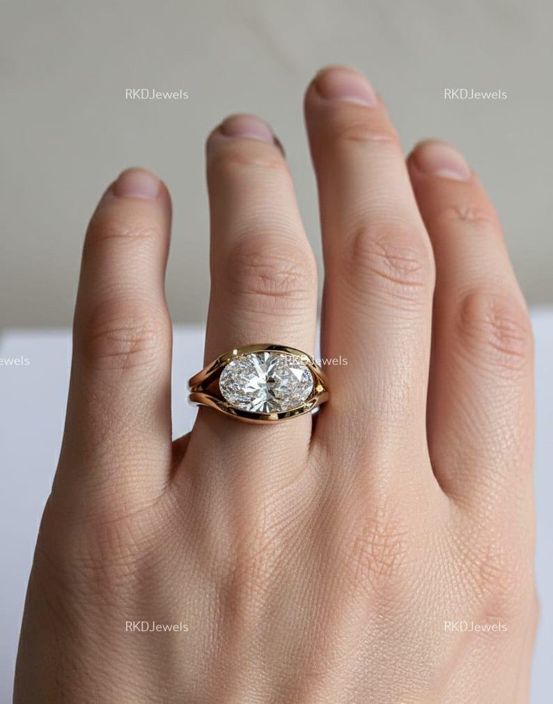 3.50 Ct East West Oval Lab Diamond Ring Bezel Set Lab Grown Diamond ...