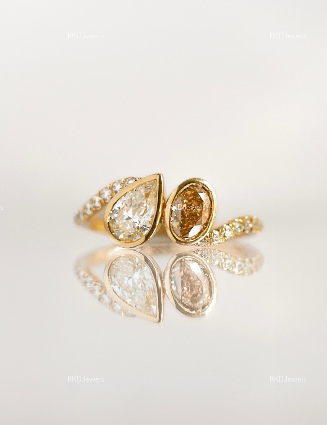 Bezel Set Two Stone Diamond Ring Brown Moissanite Oval Ring 2.50 Ctw ...