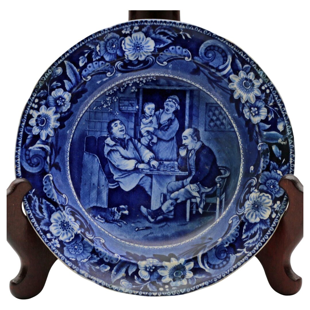 Antique Clews Blue Transferware Plate, Playing at Draughts, C. 1825 ...
