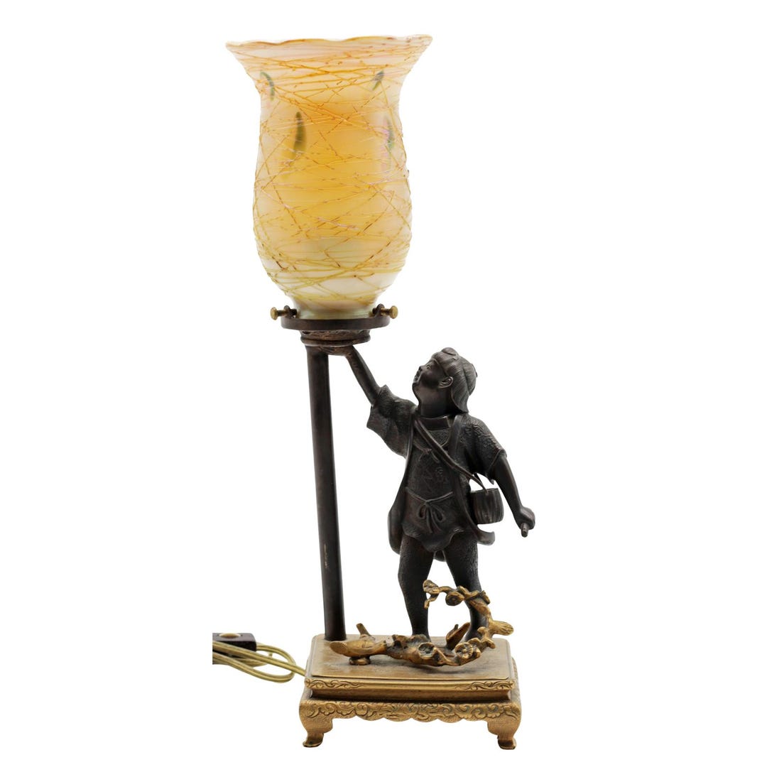 Antique Japanese Meiji Bronze Boy Lamp With Lustre Art Shade (14.75 In ...