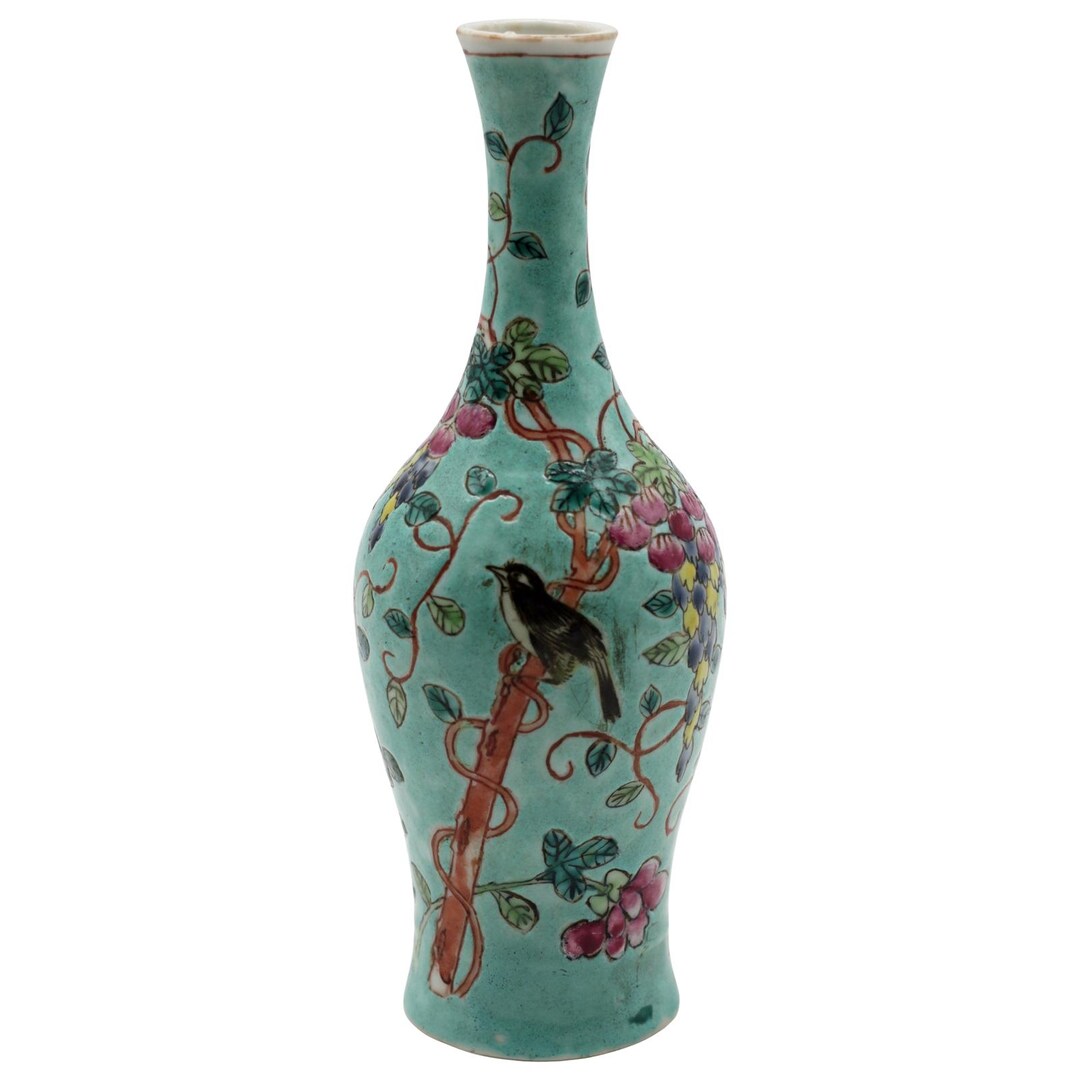 Vintage Chinese Turquoise Ground Floral and Bird Porcelain Vase - Etsy
