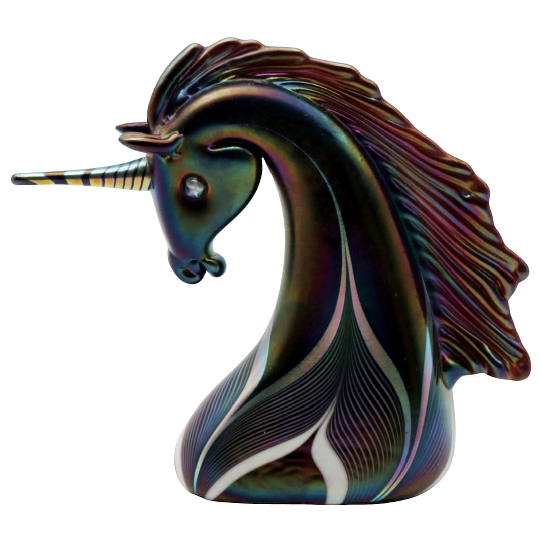 Vintage Stuart Abelman Iridescent Glass Unicorn Sculpture, Signed 1981 ...