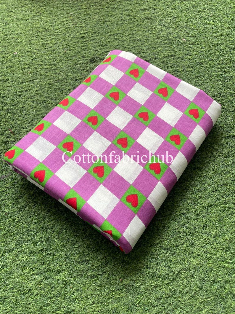 Heart-checkered Cotton Fabric, Blue Gingham, Hand Printed Textile, Sold ...