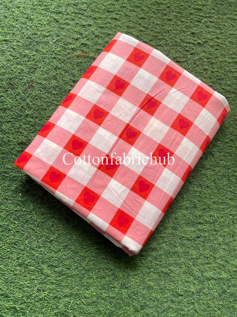 Heart-checkered Cotton Fabric, Blue Gingham, Hand Printed Textile, Sold ...
