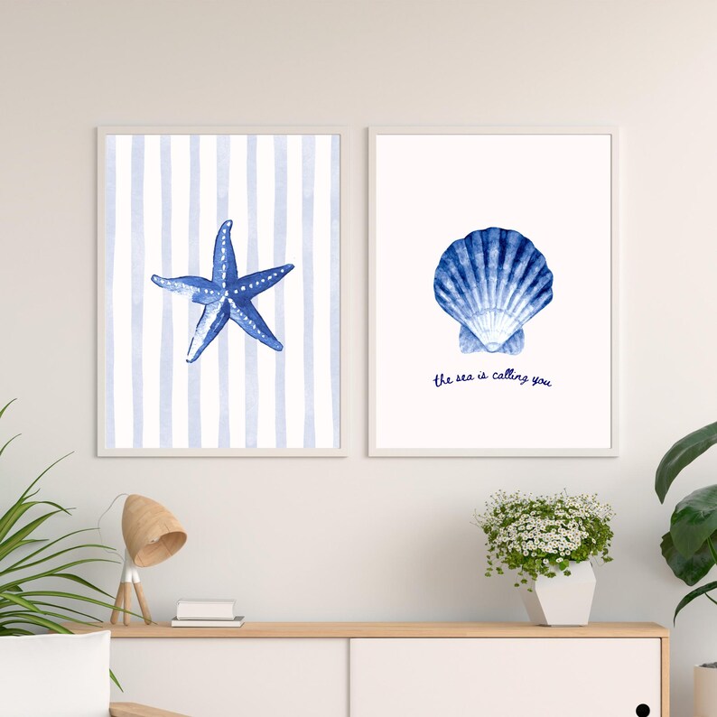 Navy Blue Coastal Wall Art Set of 6 Nautical Digital Prints Blue Beach ...