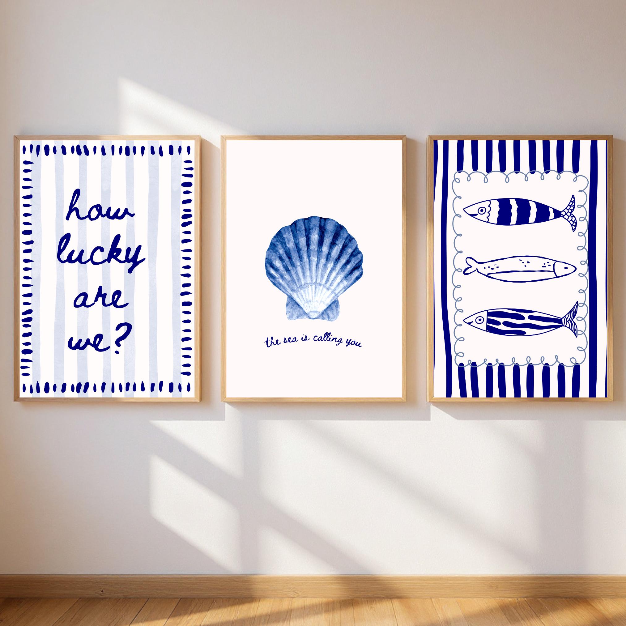 Navy Blue Coastal Wall Art Set of 6 Nautical Digital Prints Blue Beach ...