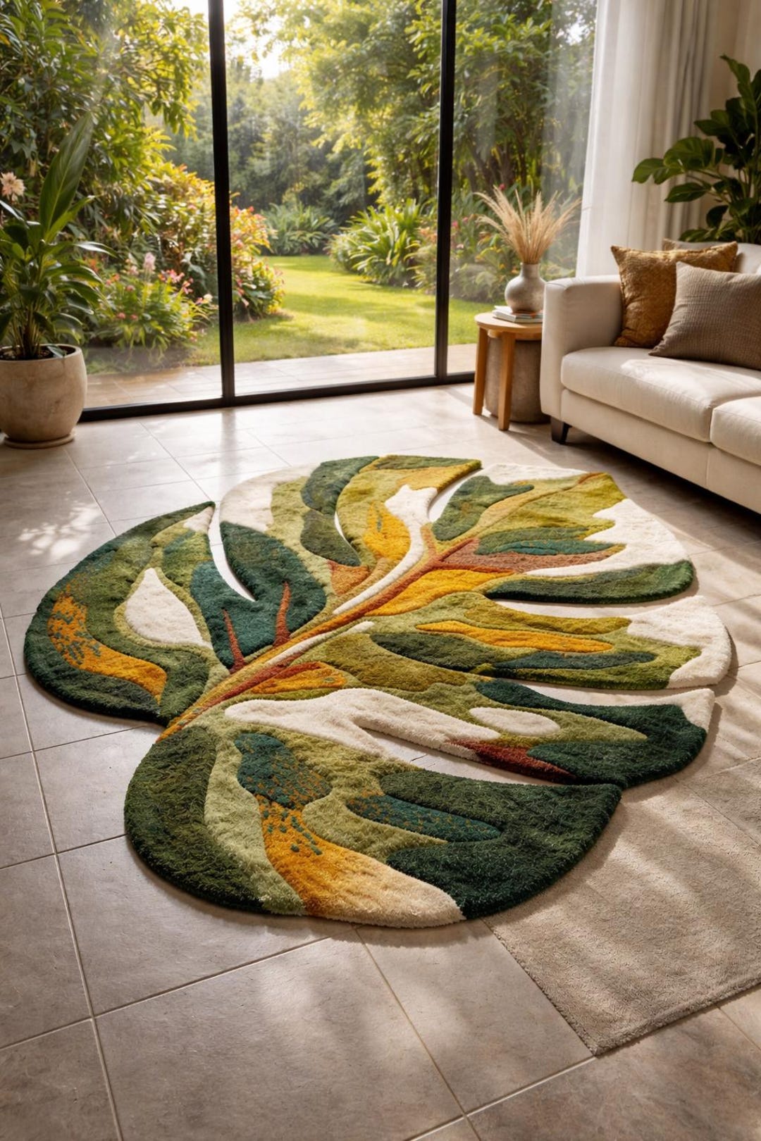 Irregular Leaf Shape Hand Tufted Rug | Tropical Monstera Rug | 100% ...