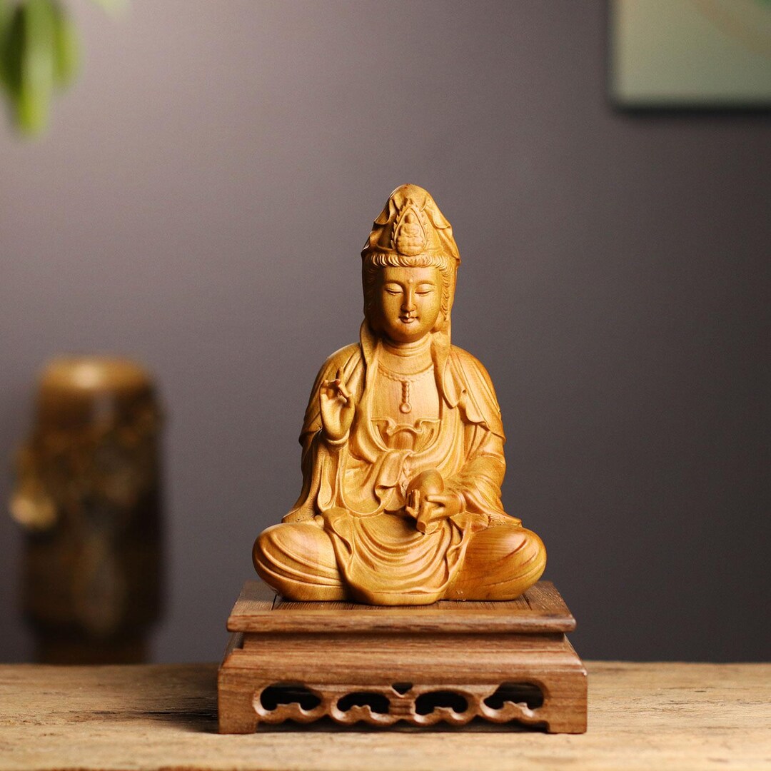 Hand-carved Cypress Wood Guanyin Statue: Buddhist Home Decor, Quan Yin ...