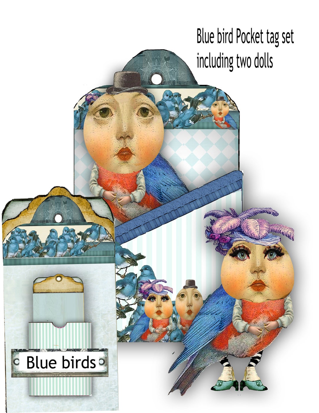 Printable Blue Bird Paper Dolls With Pockets Backs and Fronts of Dolls ...