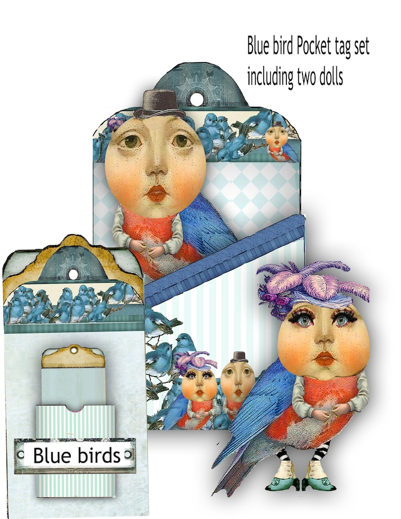 Printable Blue Bird Paper Dolls With Pockets Backs and Fronts - Etsy