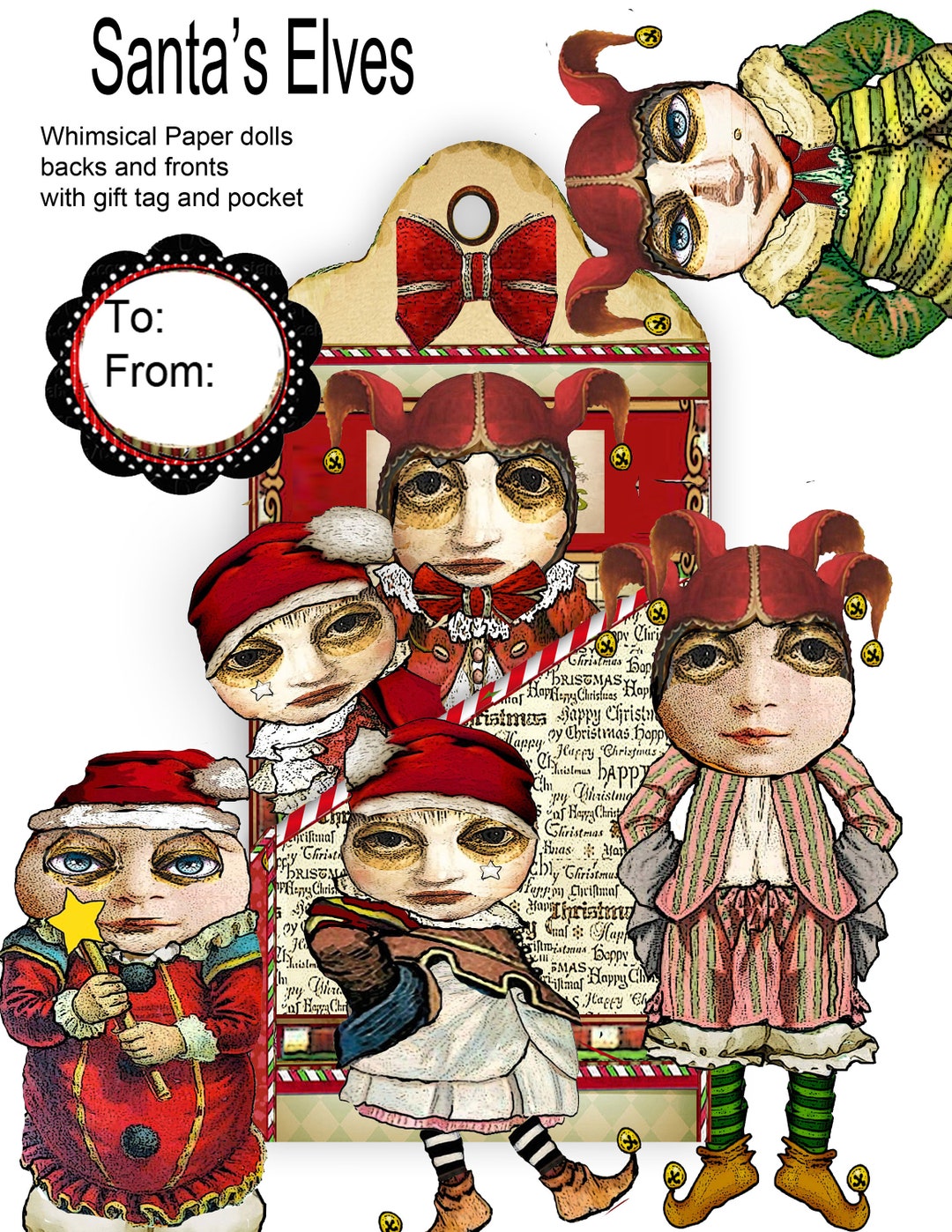 Printable Santa's Elves Paper Dolls With Gift Tag Pocket Collage Sheets ...