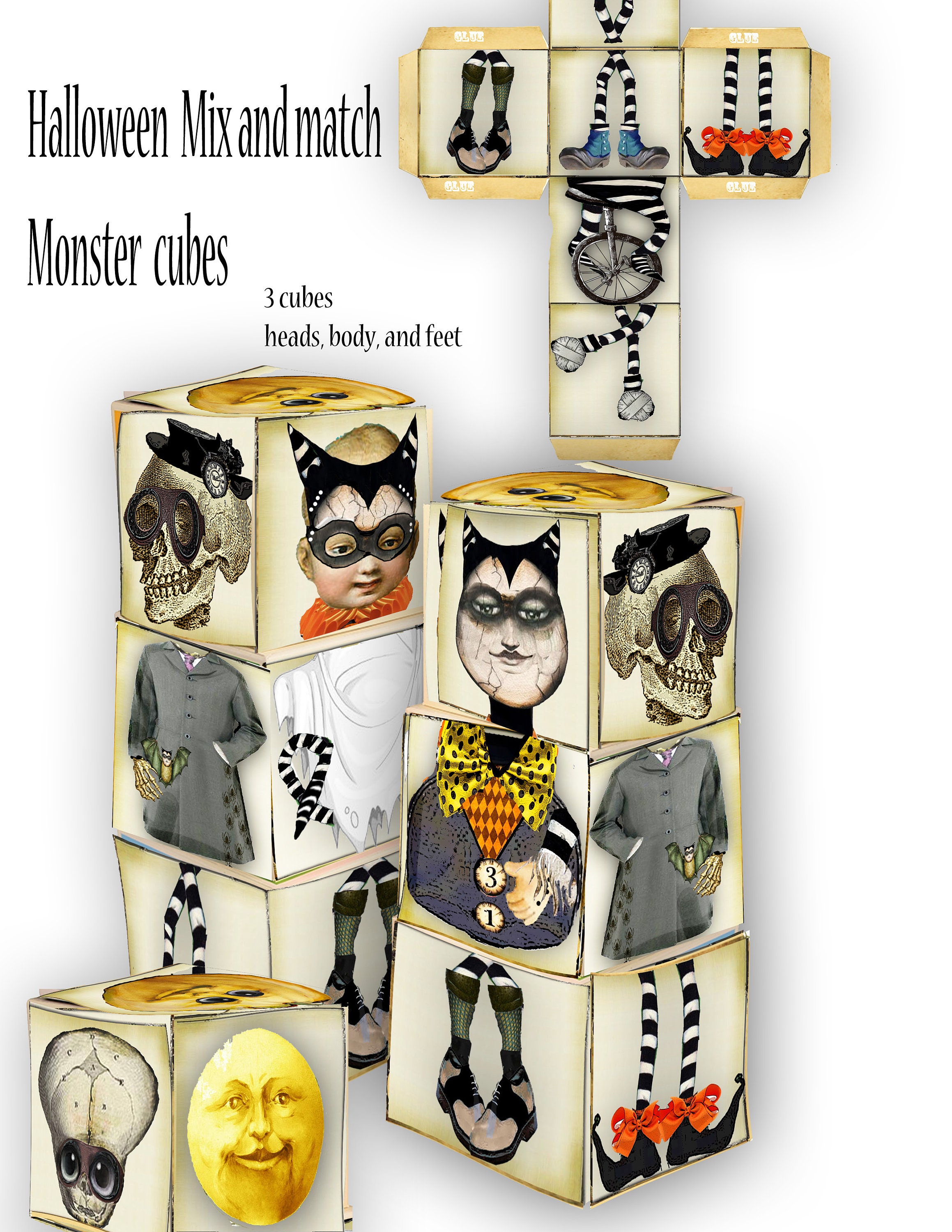 Printable Halloween monster cube mix and match whimsical table | Etsy