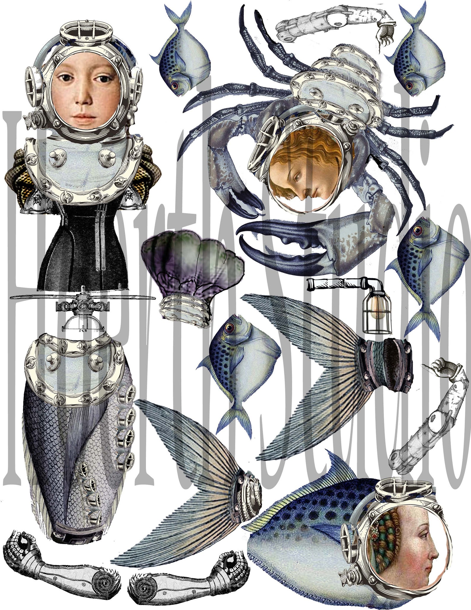 Printable Steampunk Nautical Mermaid Paper Dolls Collage Sheet - Etsy