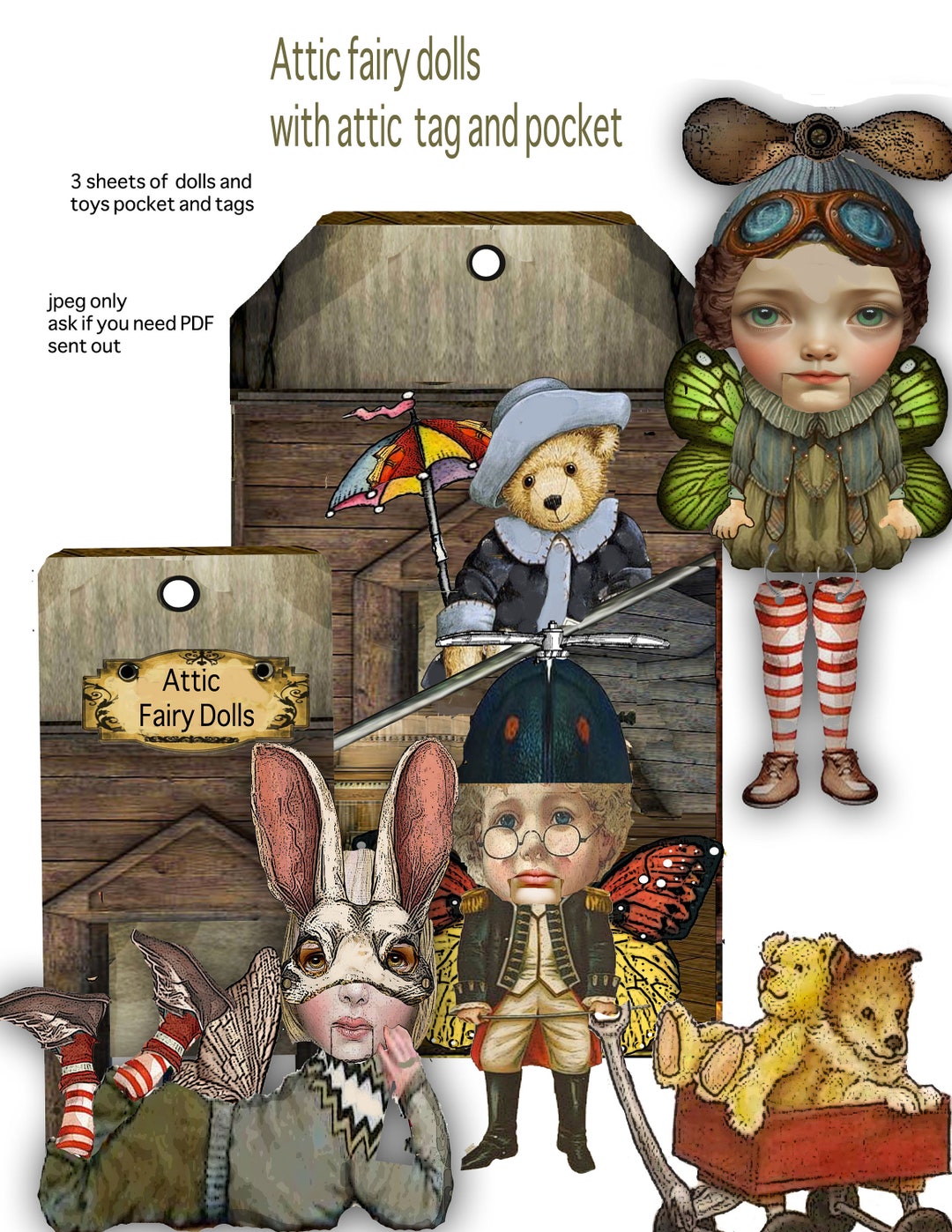 Fairy Doll Attic Collage Ephemera and Paper Dolls With Large Tag and ...