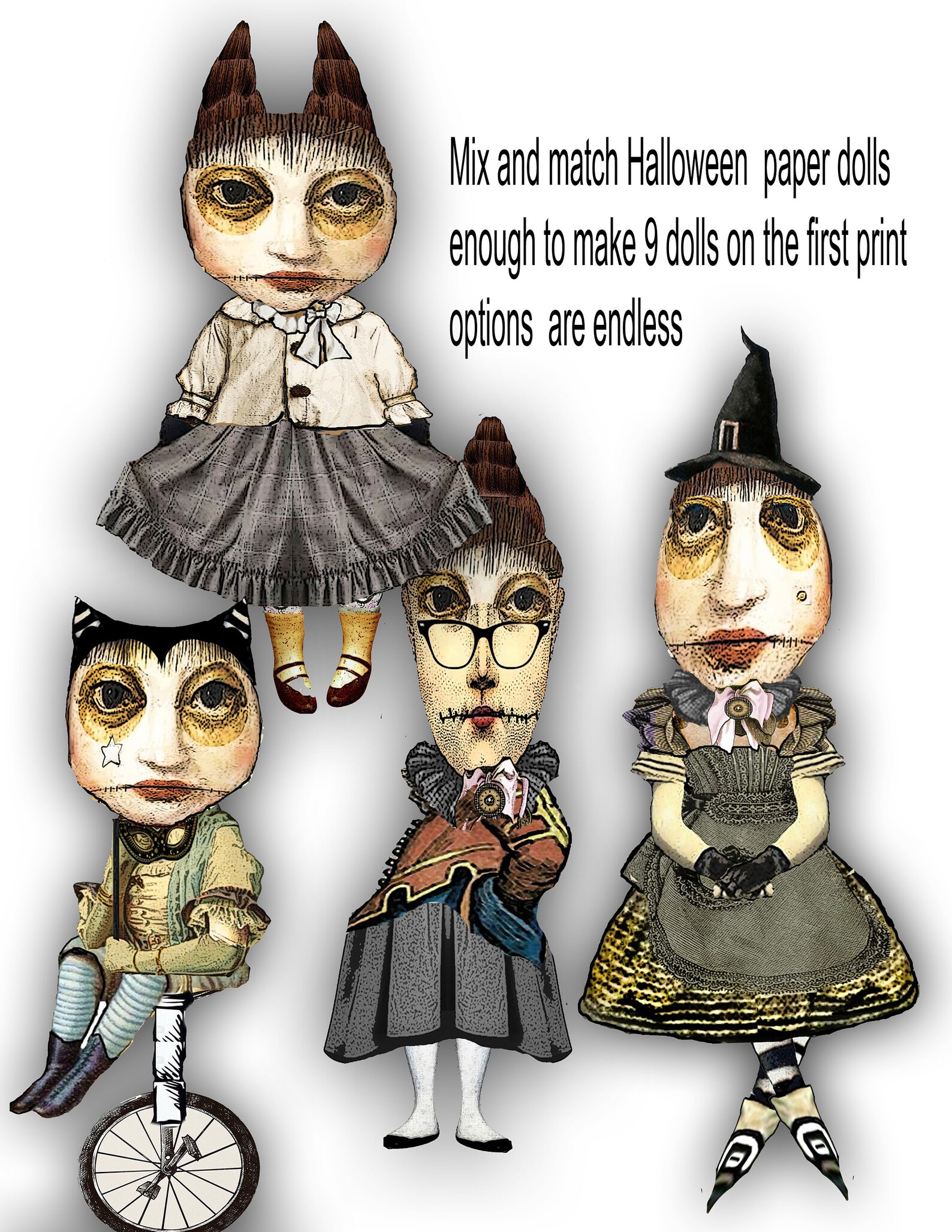Halloween Paper Dolls Witches Mix Collage Sheets Nine Different Dolls ...