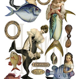 Printable Mermaid Clip Art Vintage Victorian Fish Nautical Collage ...