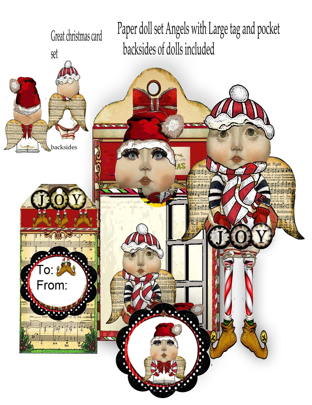 Printable Christmas Elves Paper Dolls Fronts and Backs With Pocket Tag ...