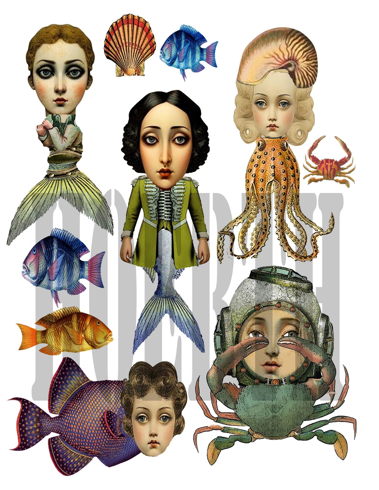 Printable Whimsical Original Sea Dolls for Scrapbooks Collage Elements ...