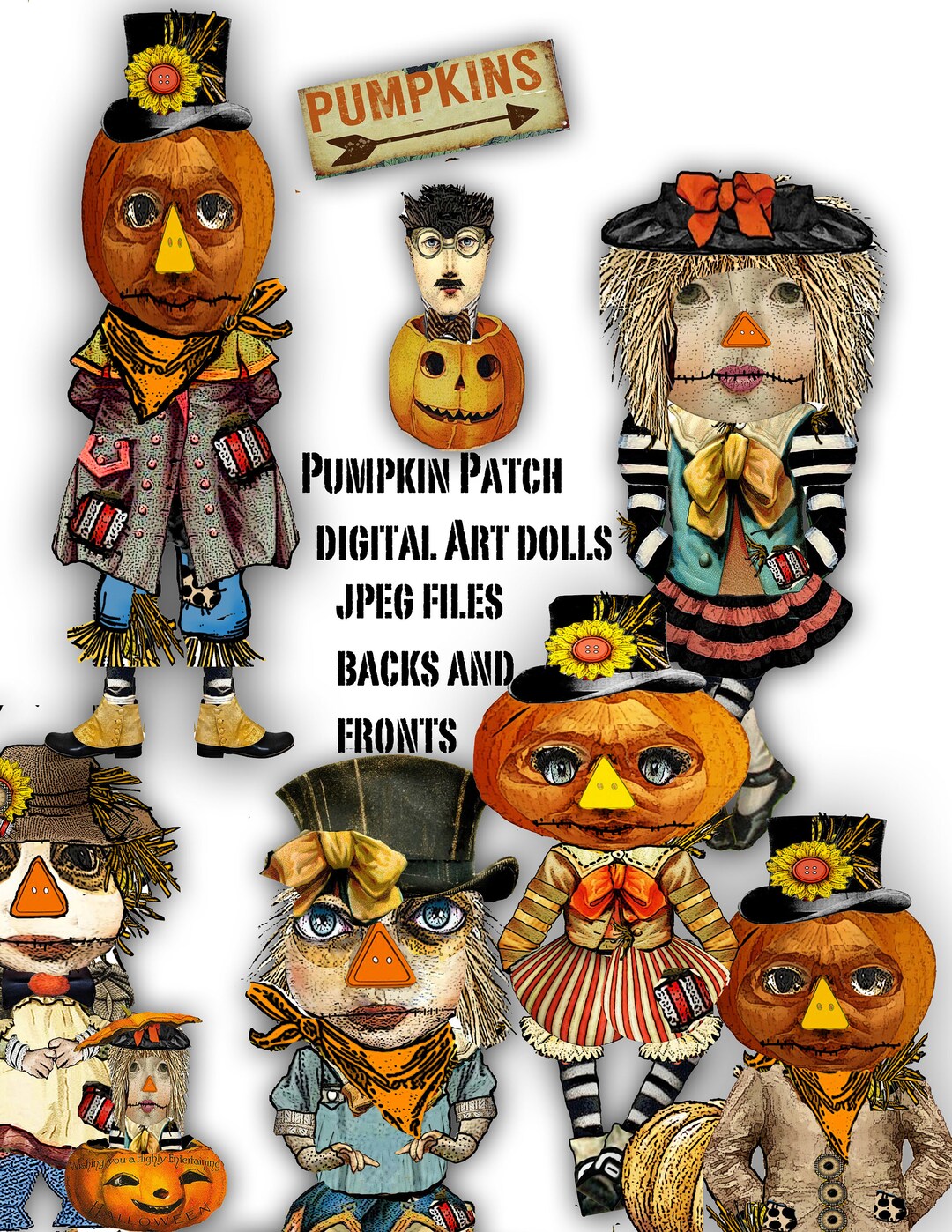 Halloween Printable Two Whimsical Paper Dolls Pumpkins in PNG Format ...