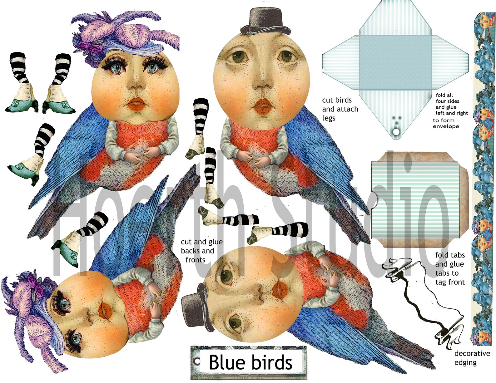 Printable Blue Bird Paper Dolls With Pockets Backs and Fronts - Etsy