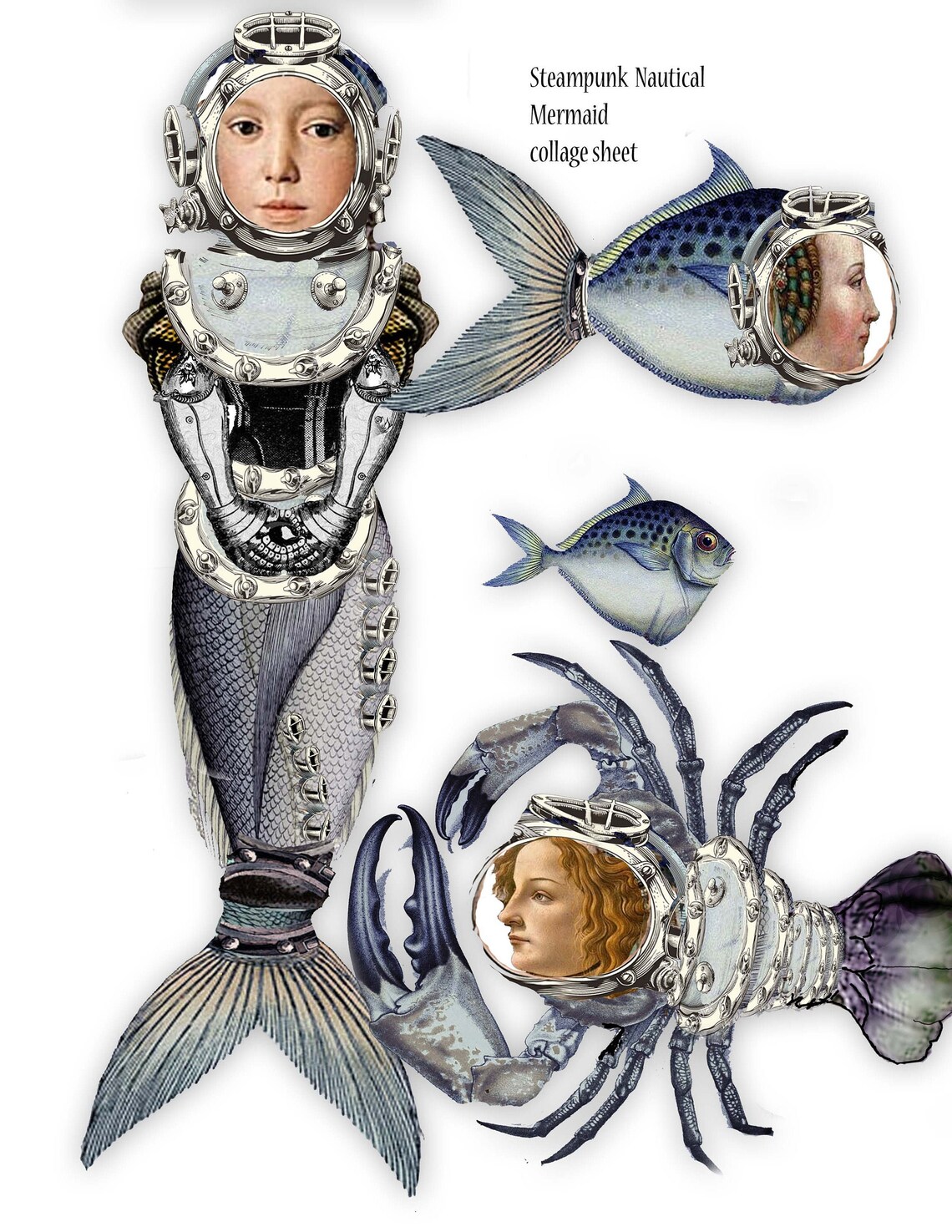 Printable Steampunk Nautical Mermaid Paper Dolls Collage Sheet - Etsy