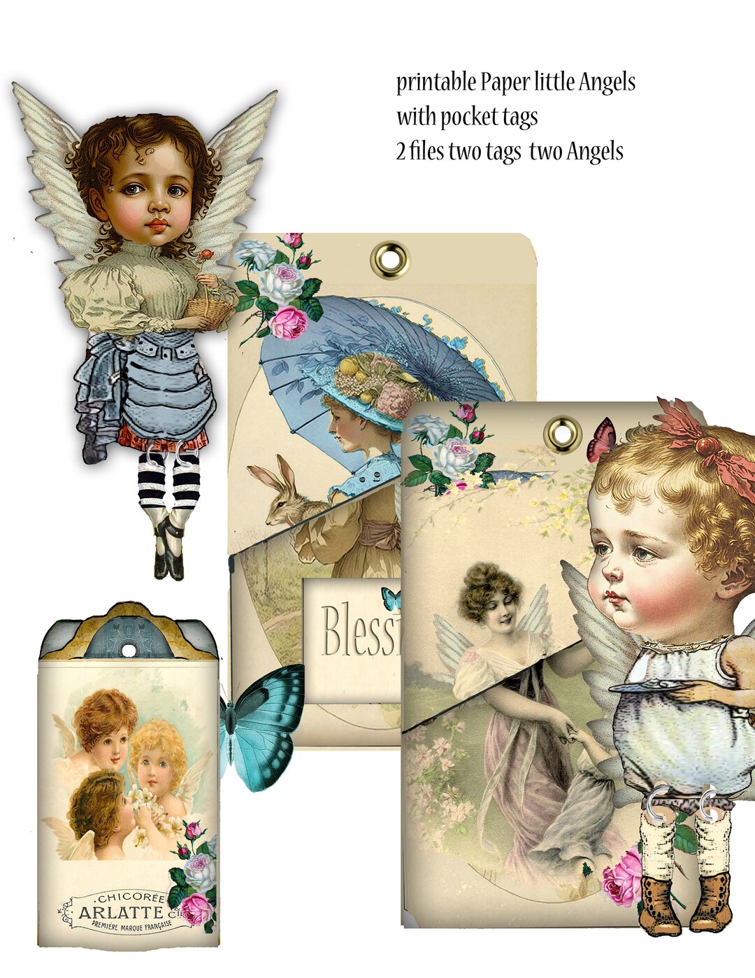 Printable Paper Doll Angels and Pocket Tags With Ephemera Two Angel ...