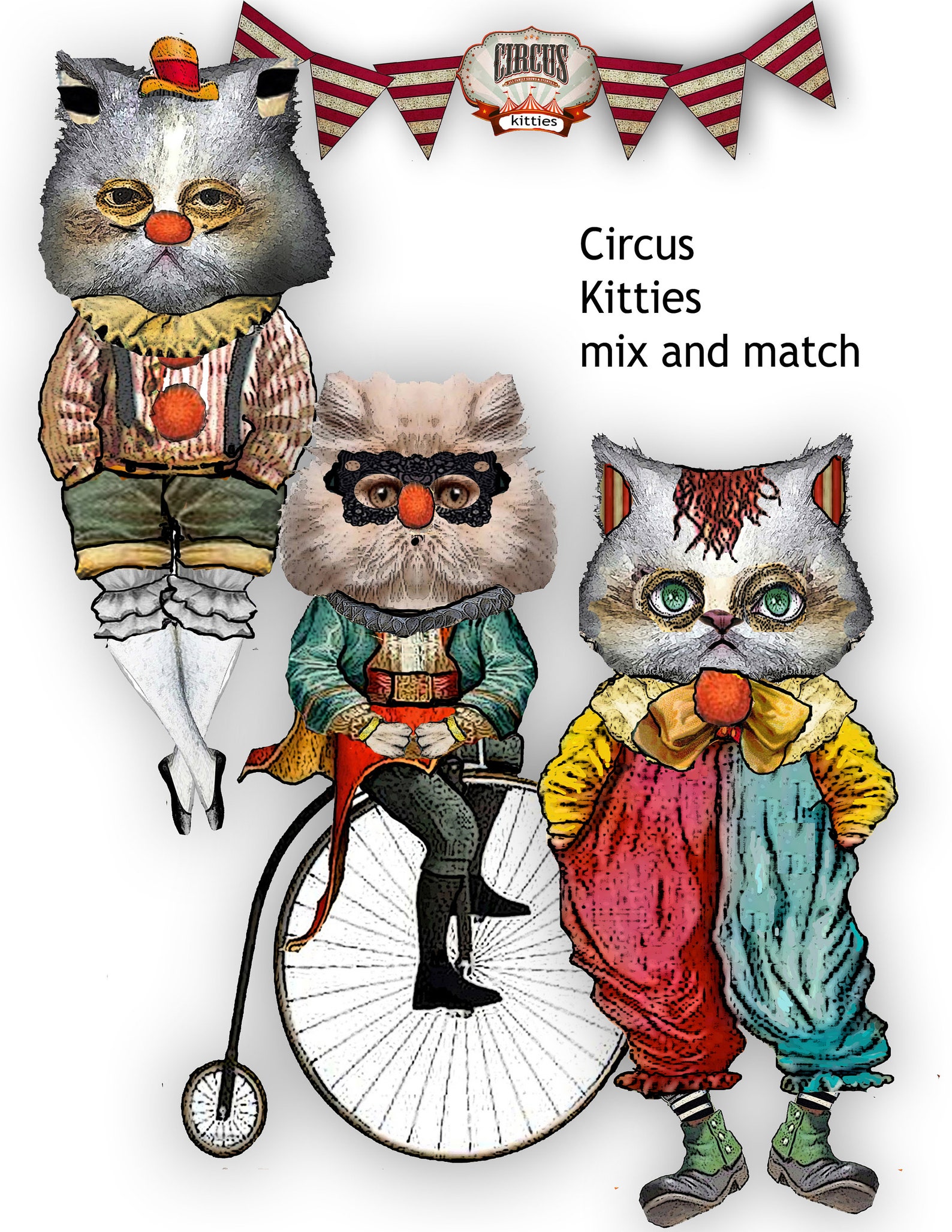 Printable Whimsical Circus Kitten Clowns Three Set Paper Dolls - Etsy