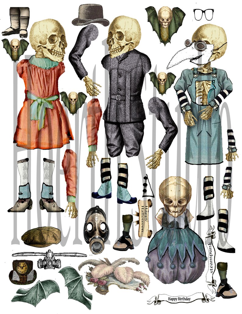 Skeleton Paper Doll Collage Mix and Match Ephemera Steampunk | Etsy