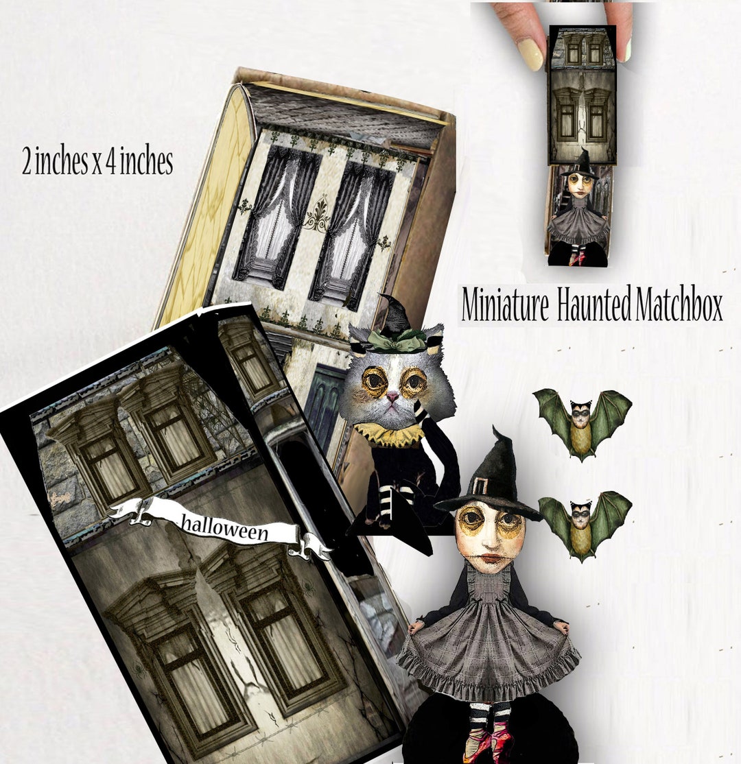 Printable Matchbox Whimsical Gothic Halloween Haunted House With Witch ...