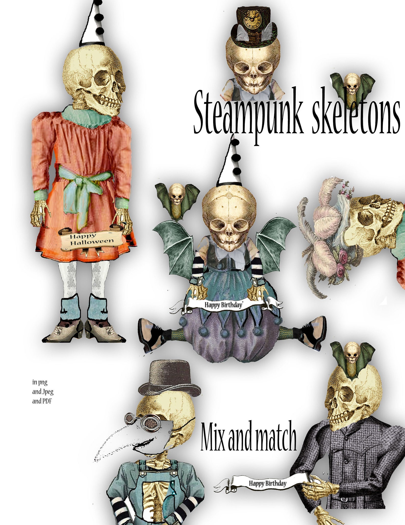 Skeleton Paper Doll Collage Mix and Match Ephemera Steampunk | Etsy