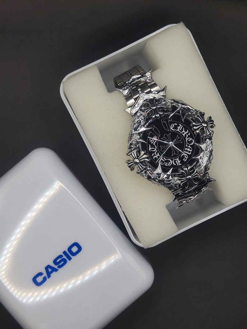 Chrome Hearts Style Custom Casio Watch – Gothic Cross & Spike Bracelet ...
