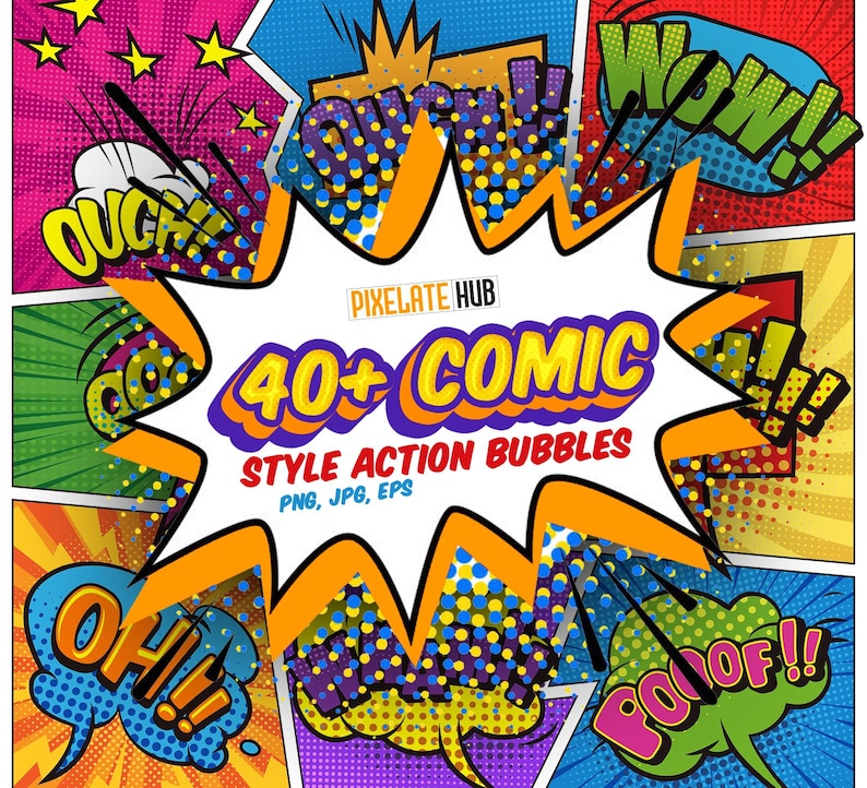 Comic Style Action Bubbles Clipart: Superhero Pop Art (SVG, PNG) - Etsy
