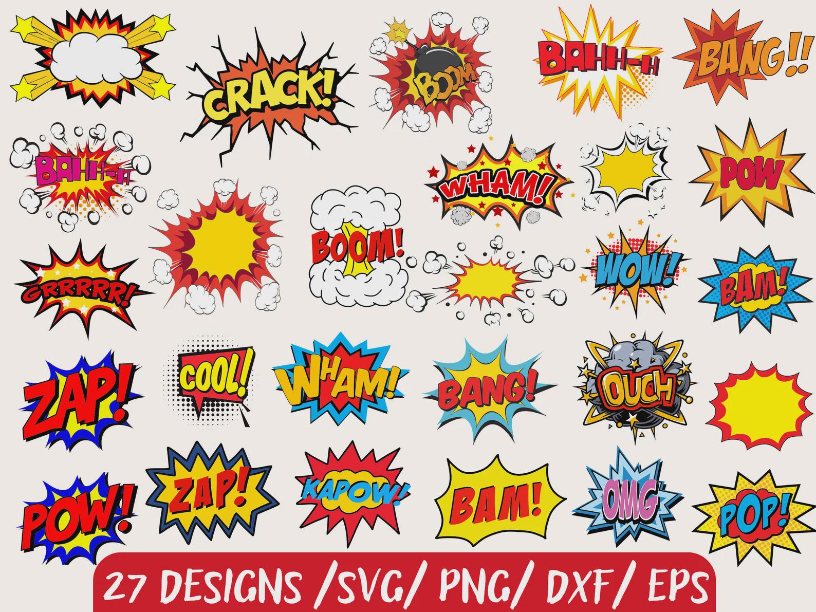 Comic Style Action Bubbles Clipart: Superhero Pop Art (SVG, PNG) - Etsy