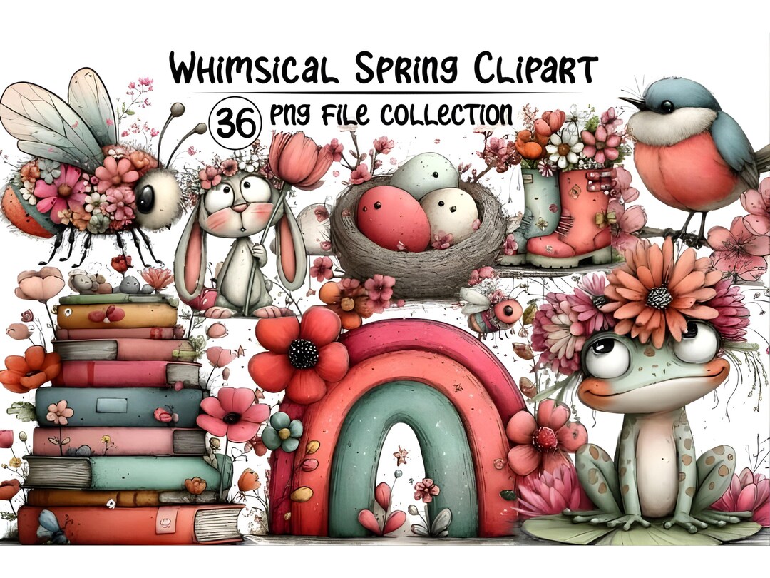 Spring Clipart PNG, Whimsical Nursery Animals, Rainbow & Flowers Set - Etsy
