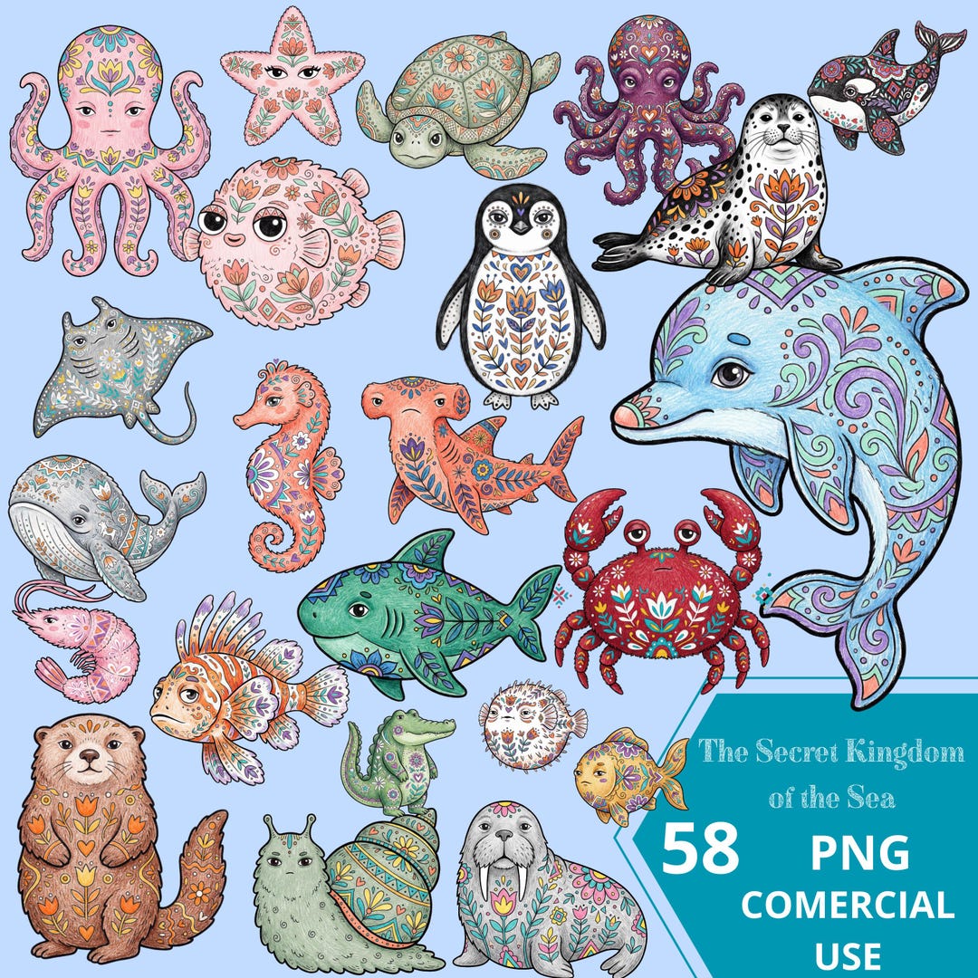 Folk Art Ocean Animals Clipart PNG, Whimsical Sea Creatures Graphics ...