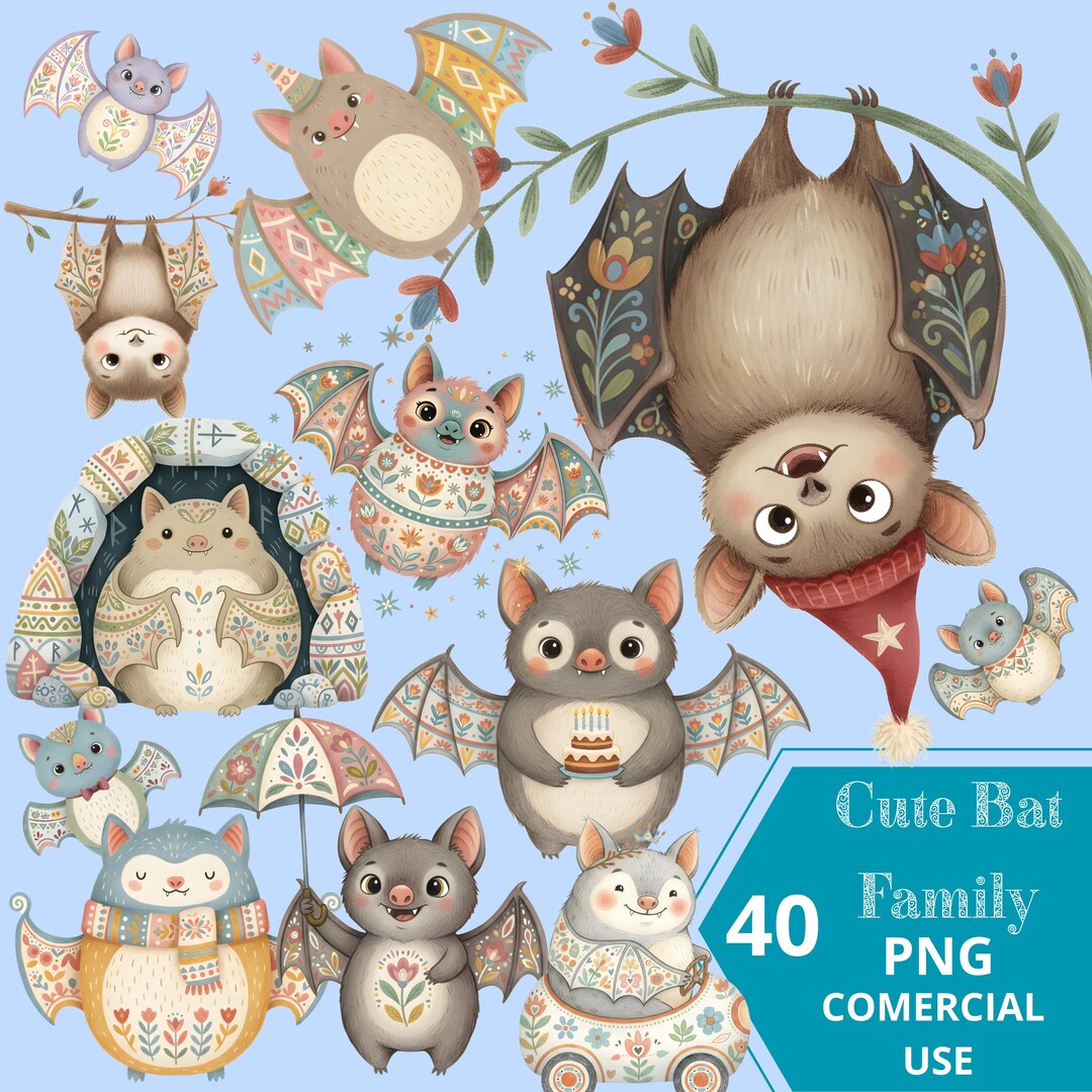 Cute Bat Family Clipart Bundle, Baby Bats With Folk Patterns ...