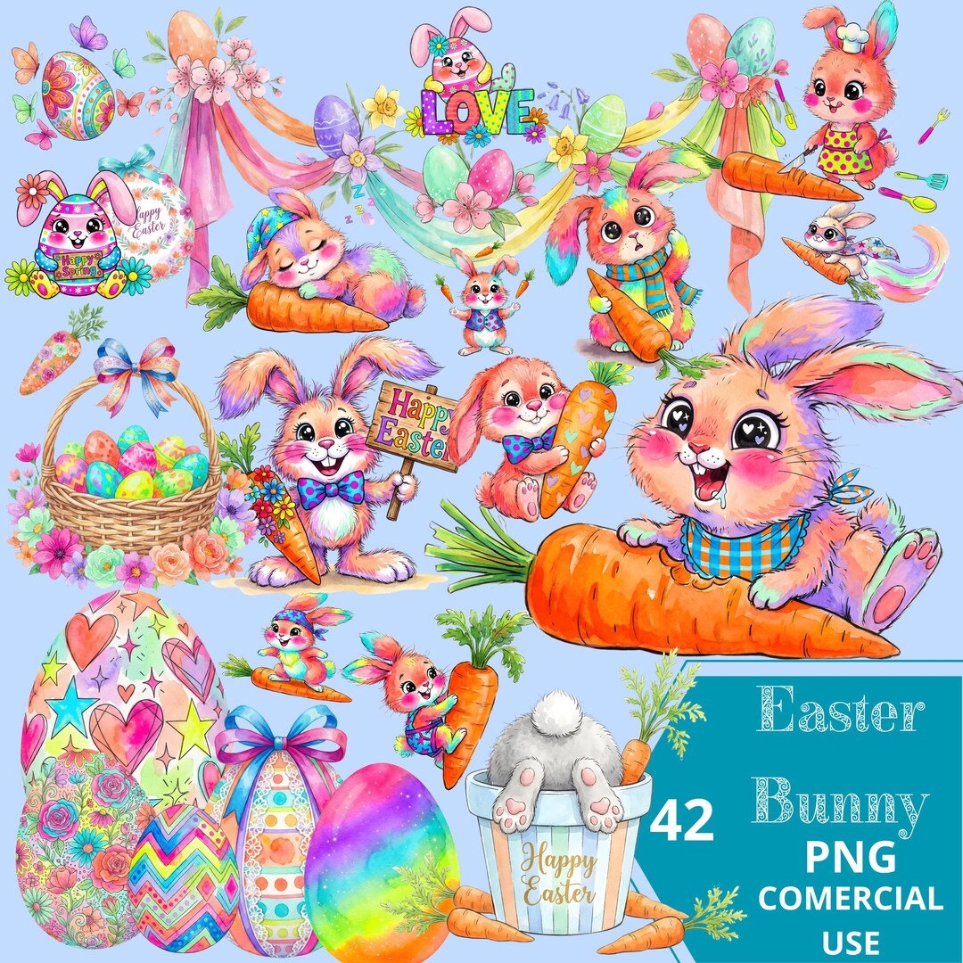 Easter Bunny Clipart Set, Rainbow Cute Bunnies With Carrots, Easter ...