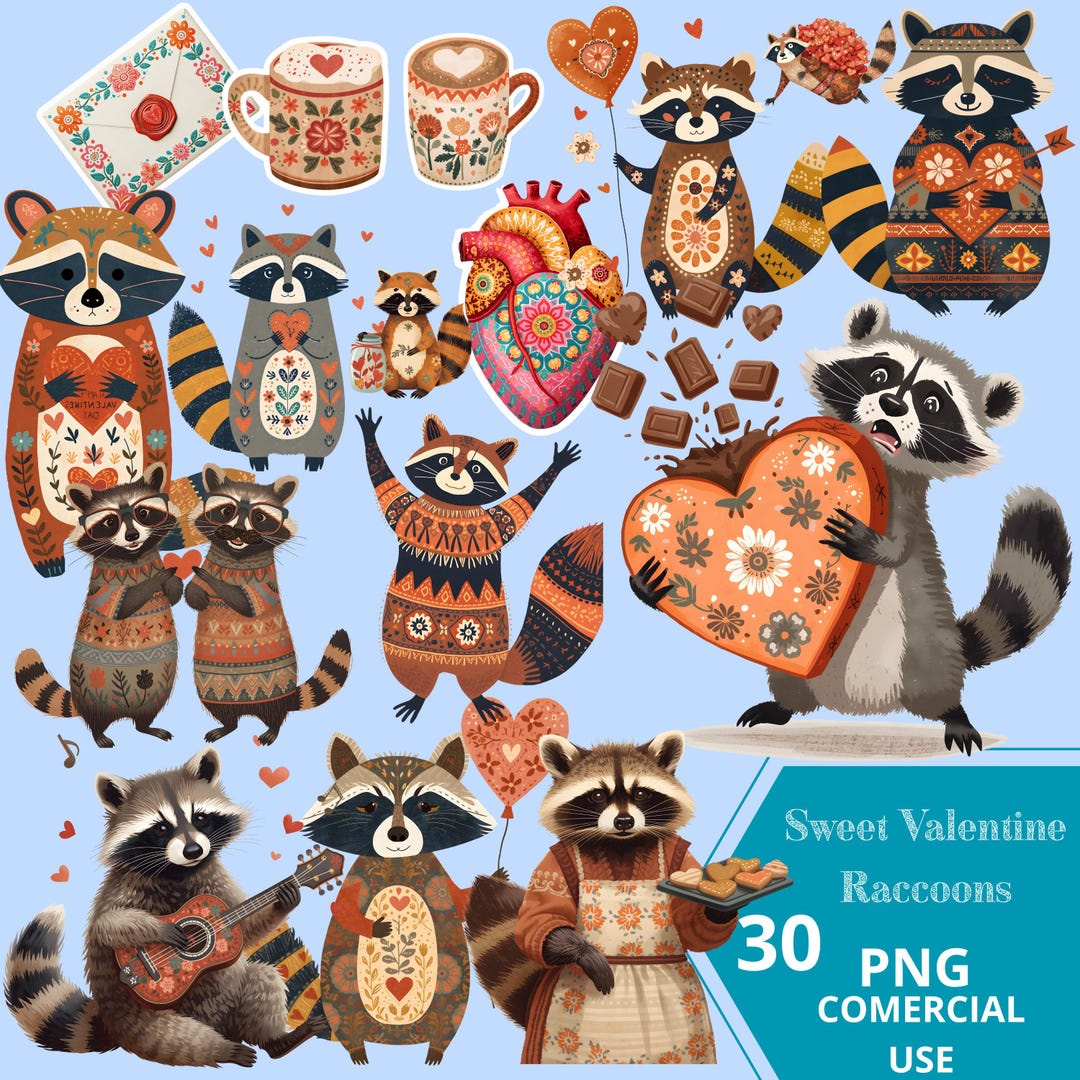 Sweet Valentine Raccoons Clipart, Cute Raccoon Love Clipart, Valentine ...