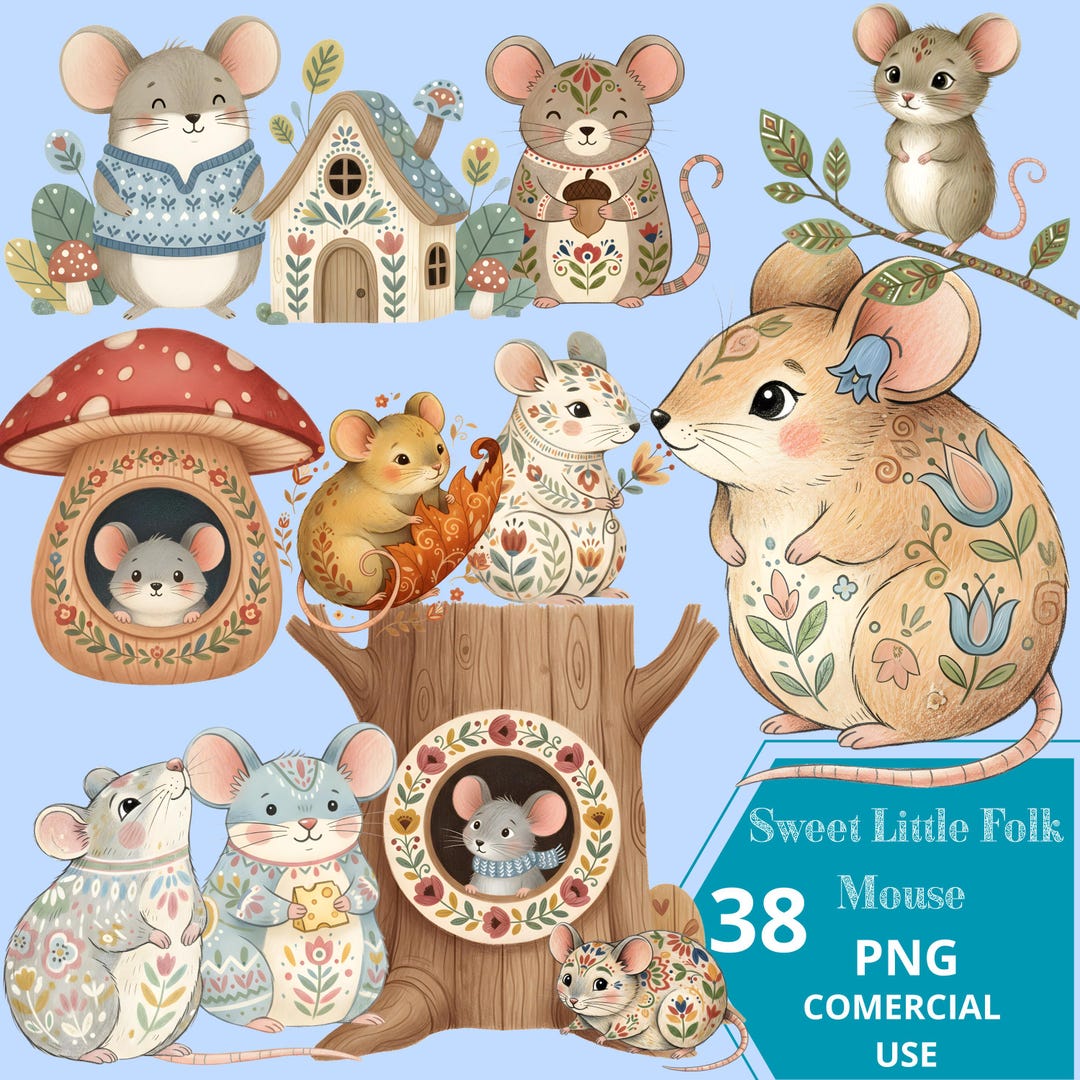 Sweet Little Folk Mouse Clipart Bundle, Cute Mouse Woodland Floral ...