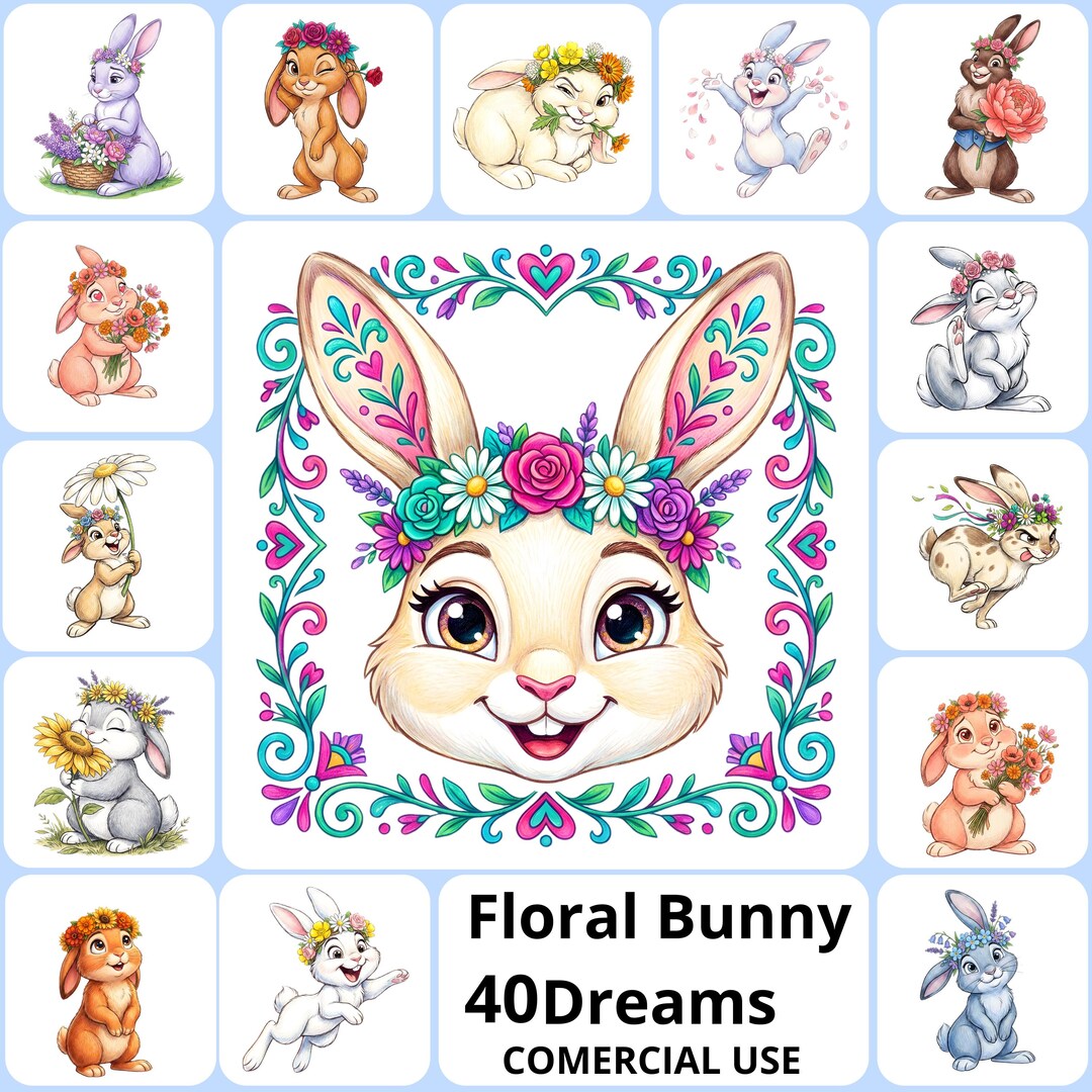Floral Bunny Dreams Clipart PNG Bundle, Cute Spring Rabbits With Flower ...