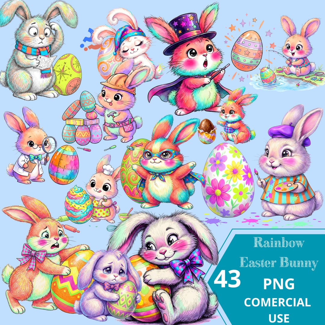 Rainbow Easter Bunny Clipart, Cute Colorful Rabbits Painting Eggs ...
