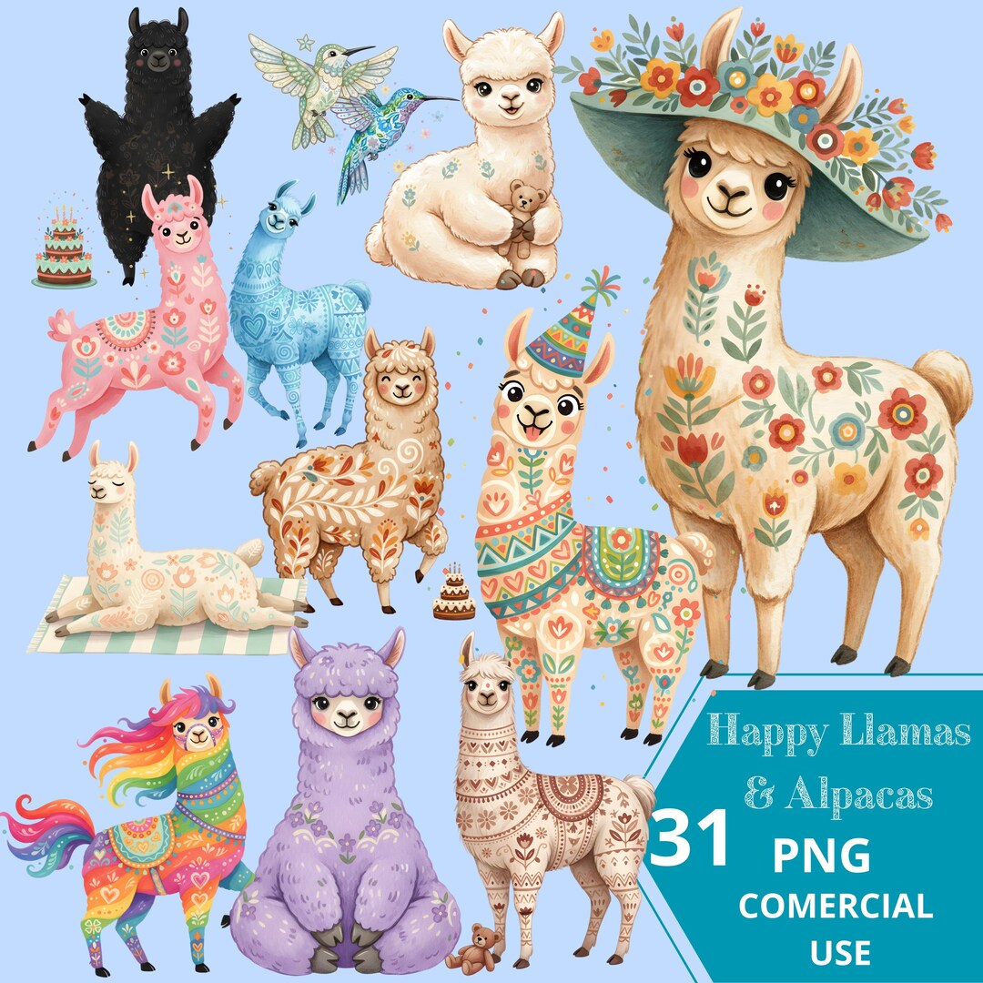 Happy Llamas & Alpacas Clipart Bundle, Cute Llamas and Alpacas Image ...