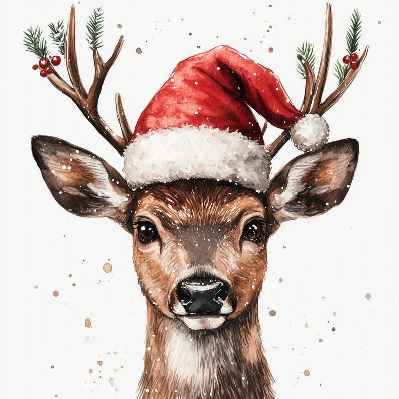 14 Deer With Santa Hat Clipart | Reindeer and Fawn | Watercolor Designs ...