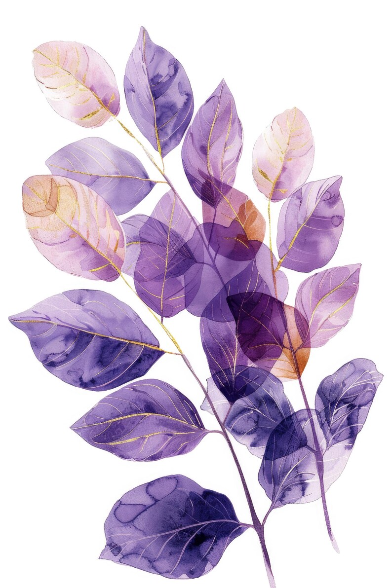 10 Purple Gold Leaves Clipart, Leaves Print, Printable Watercolor ...