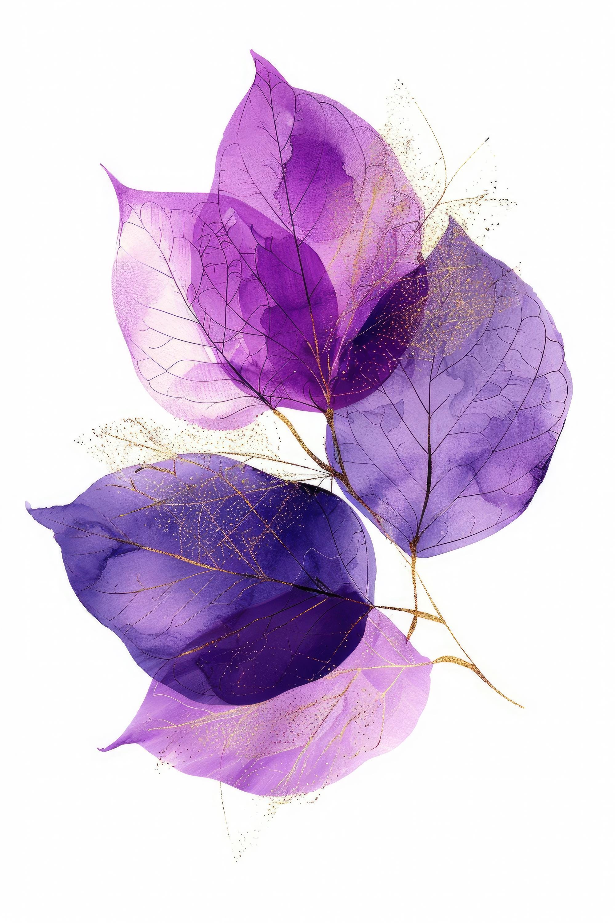 10 Purple Gold Leaves Clipart, Leaves Print, Printable Watercolor ...